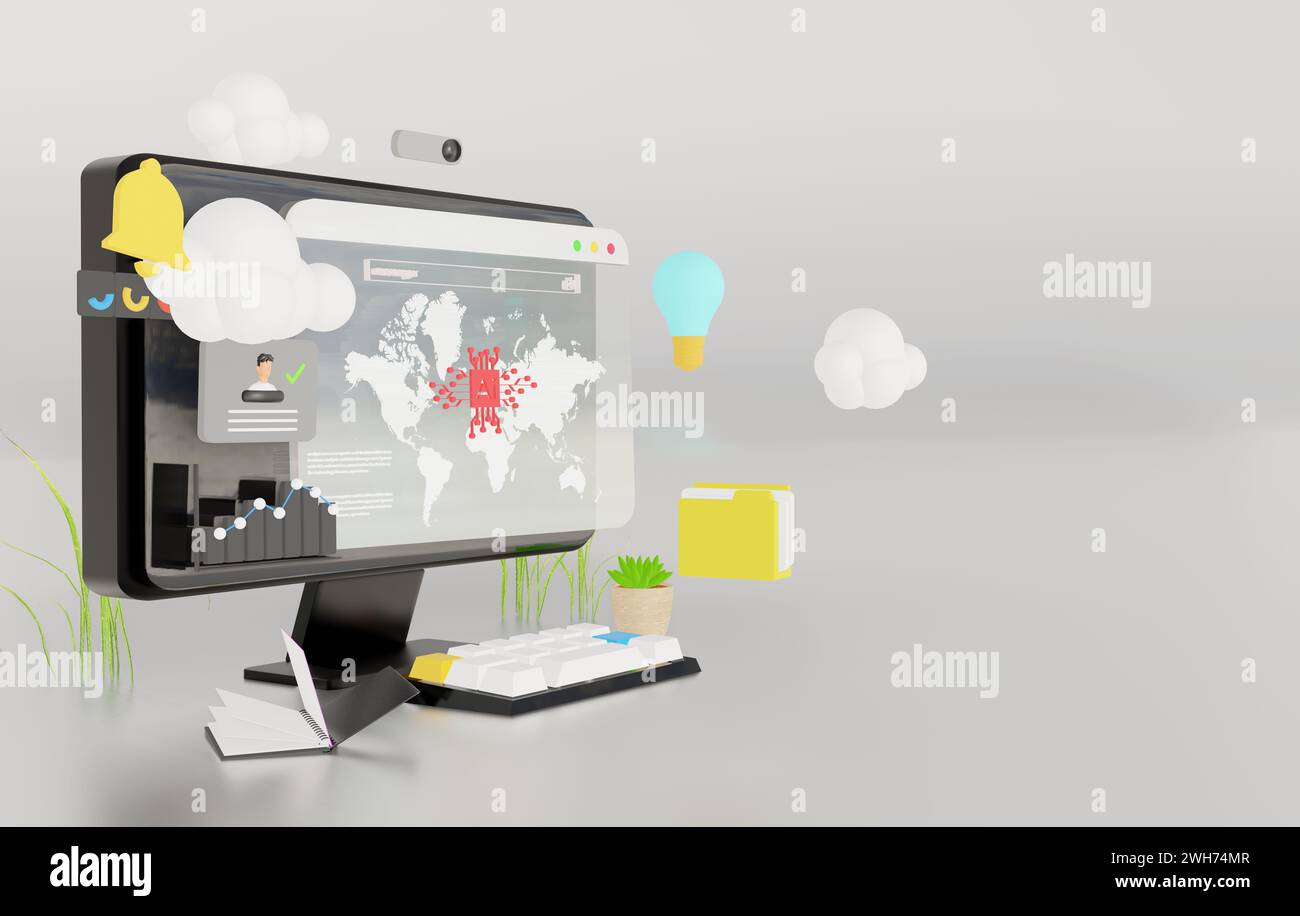 3d computer, data analysis, dashboard, and ai investment world map or ...