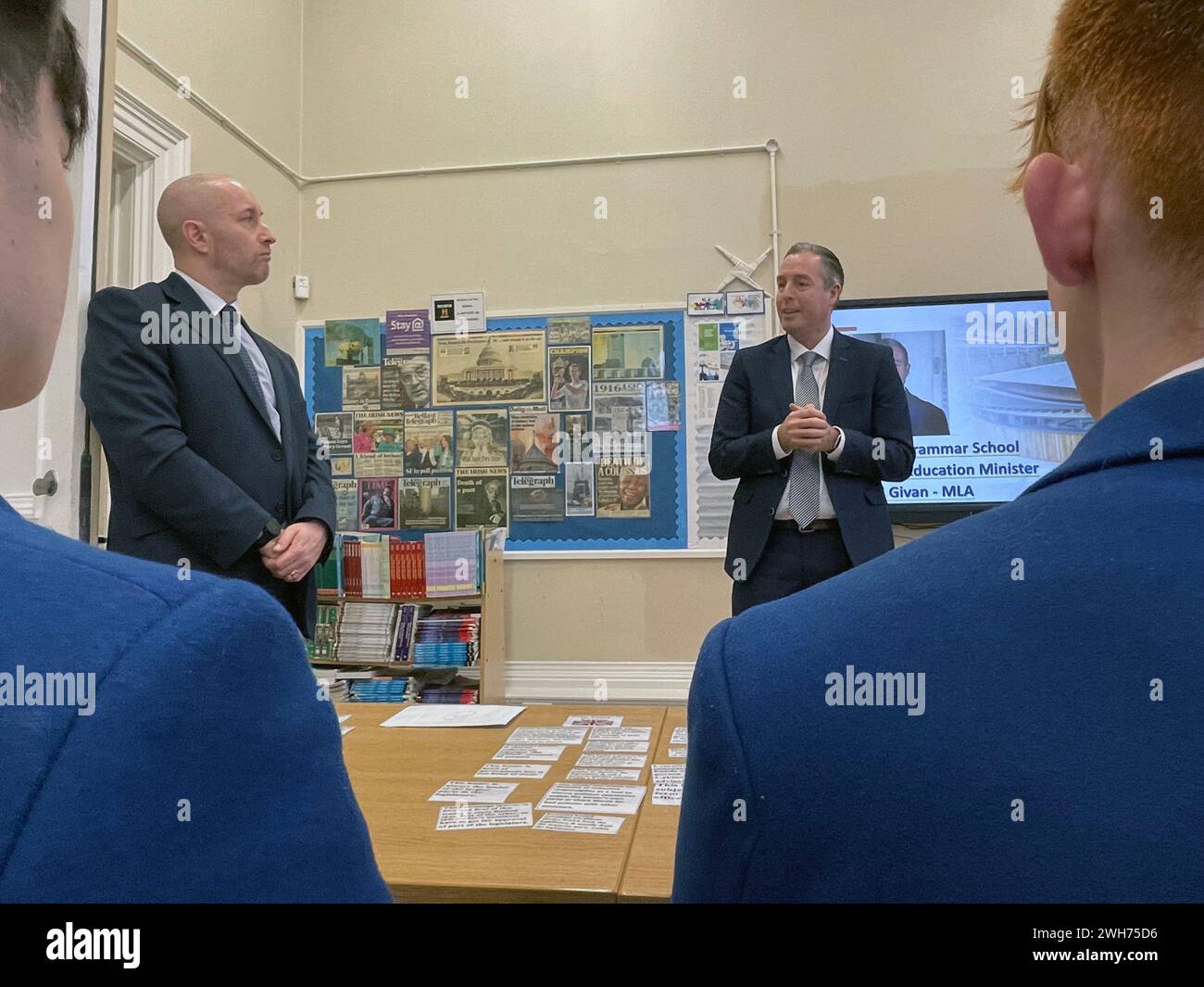 Stormont Education Minister Paul Givan speaks to staff and students at Rathmore Grammar School ...