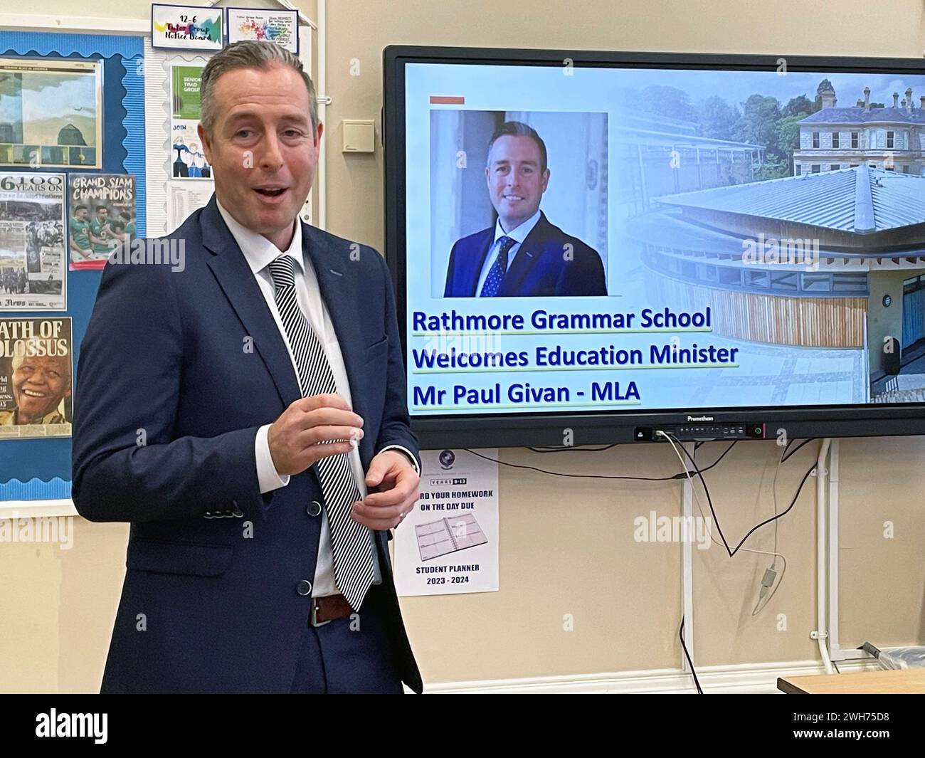 Stormont Education Minister Paul Givan speaks to staff and students at Rathmore Grammar School ...