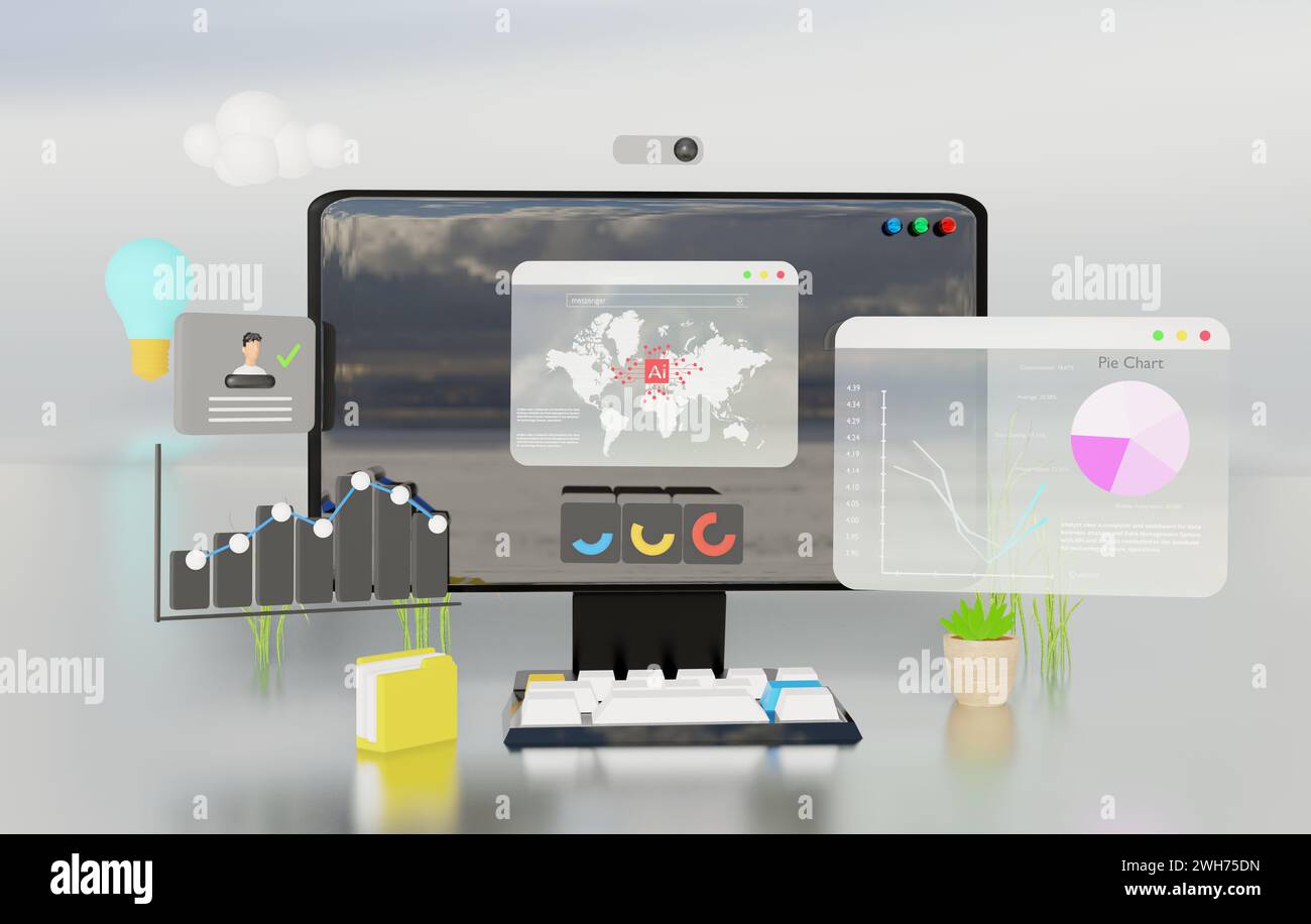 3d computer, data analysis, dashboard, and ai investment world map or ...