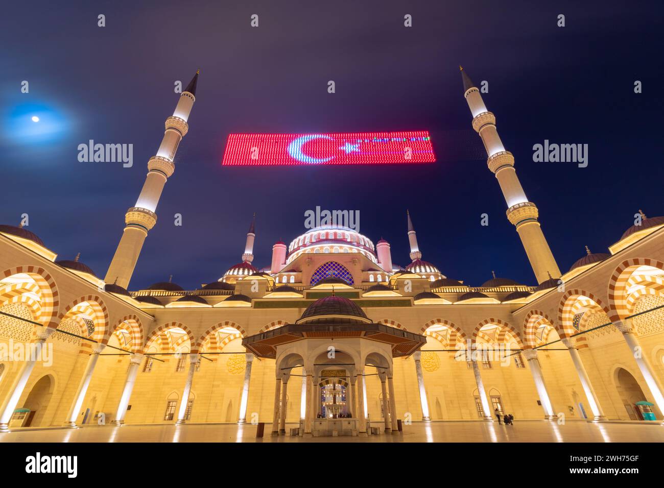 Buyuk Camlica Mosque and Turkish Flag with full moon. Turkish national ...