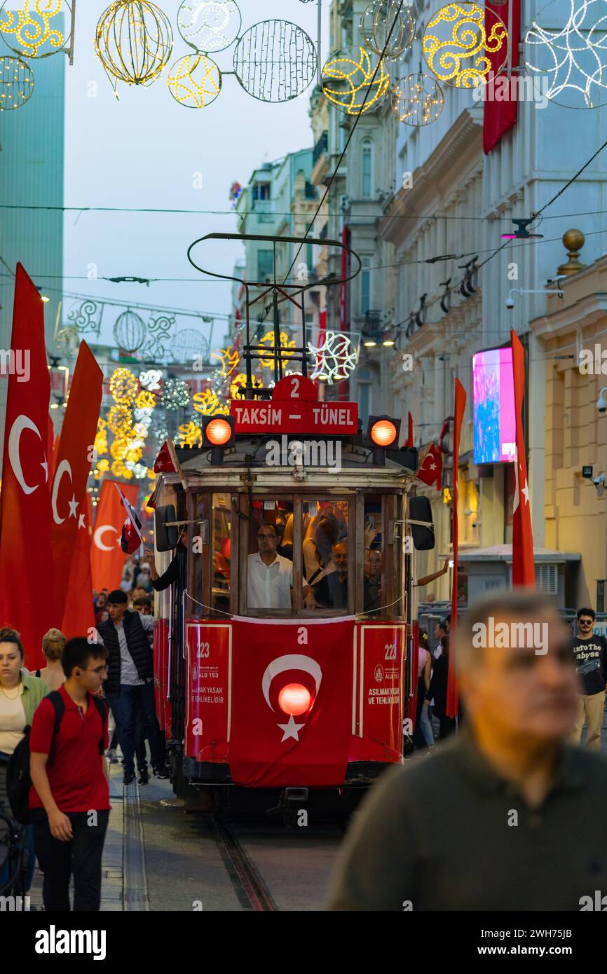 Turkish national holidays concept vertical photo. Nostalgic tramway and ...