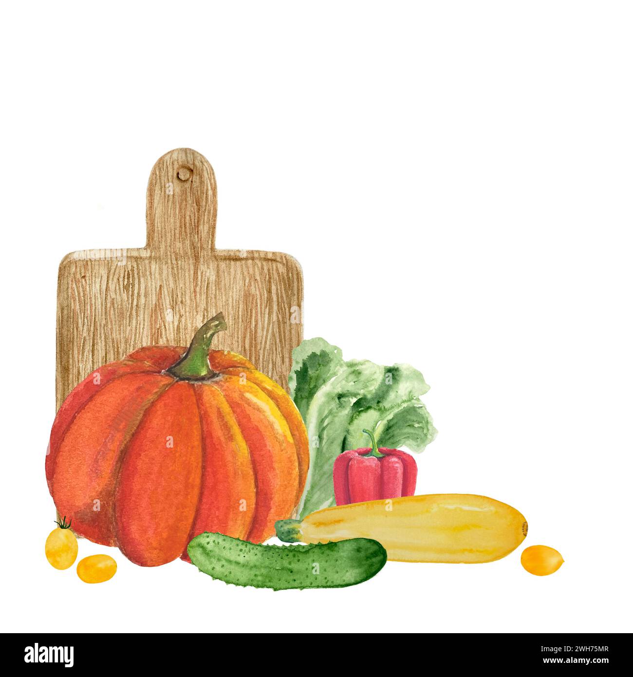 Watercolor hand drawn vegetable composition with a wooden cutting board ...