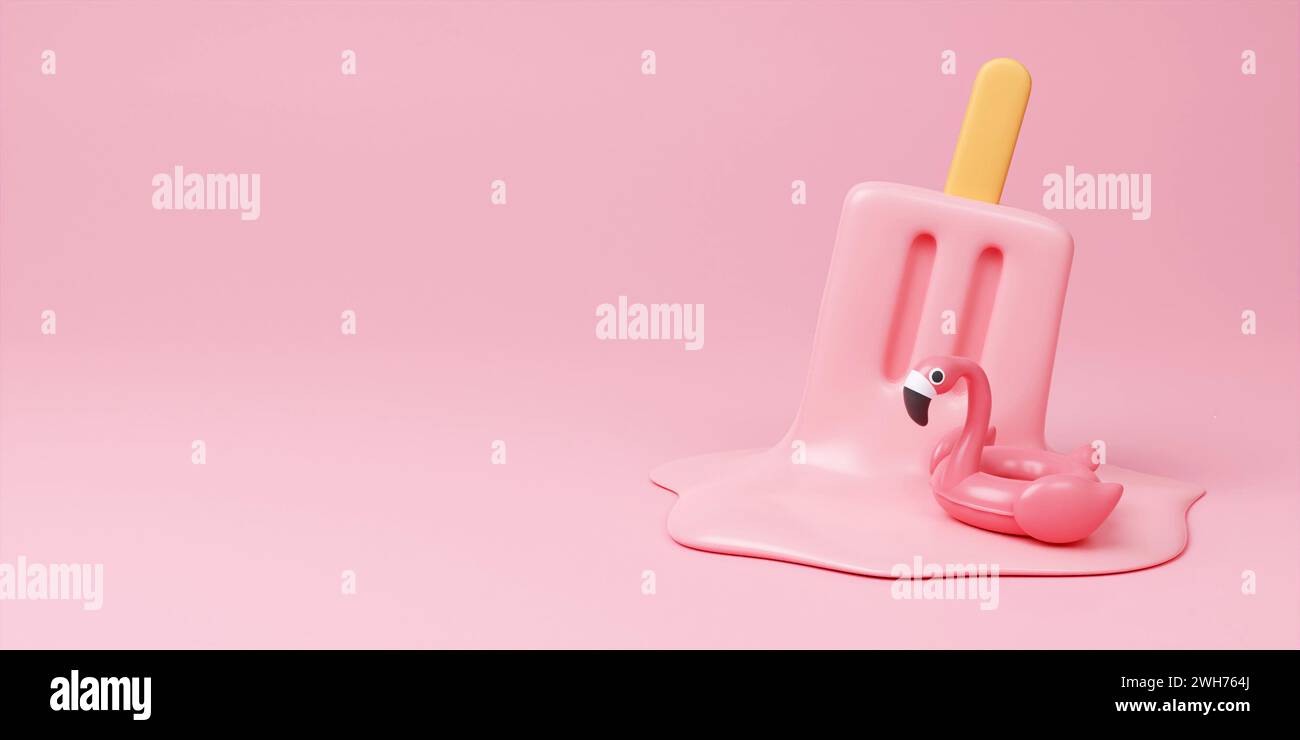 Pink stick ice cream melting with flamingo float on pastel pink ...