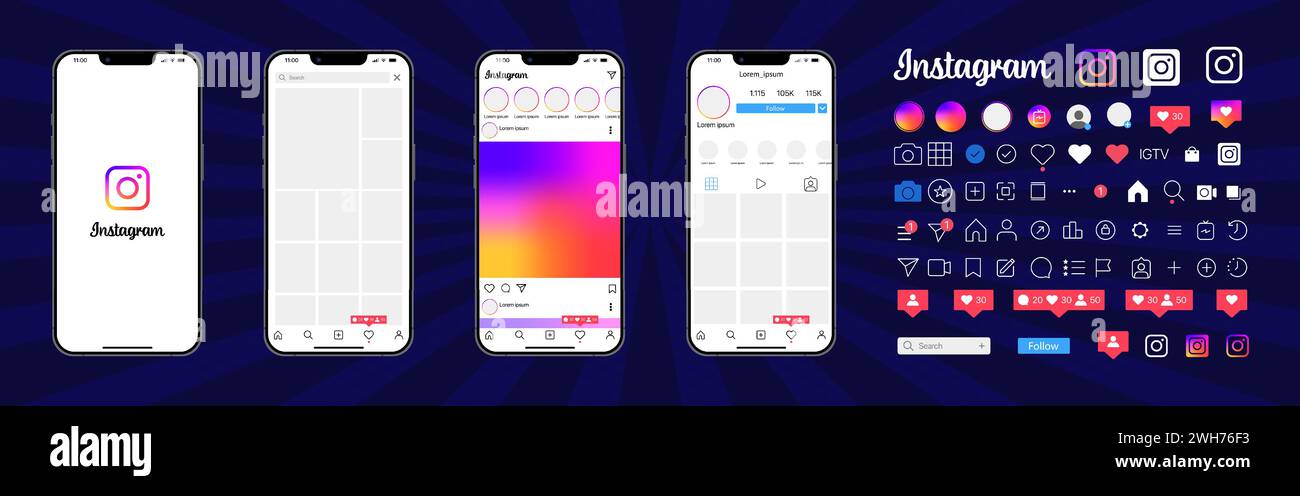 Instagram design. Set screen social media and network interface ...