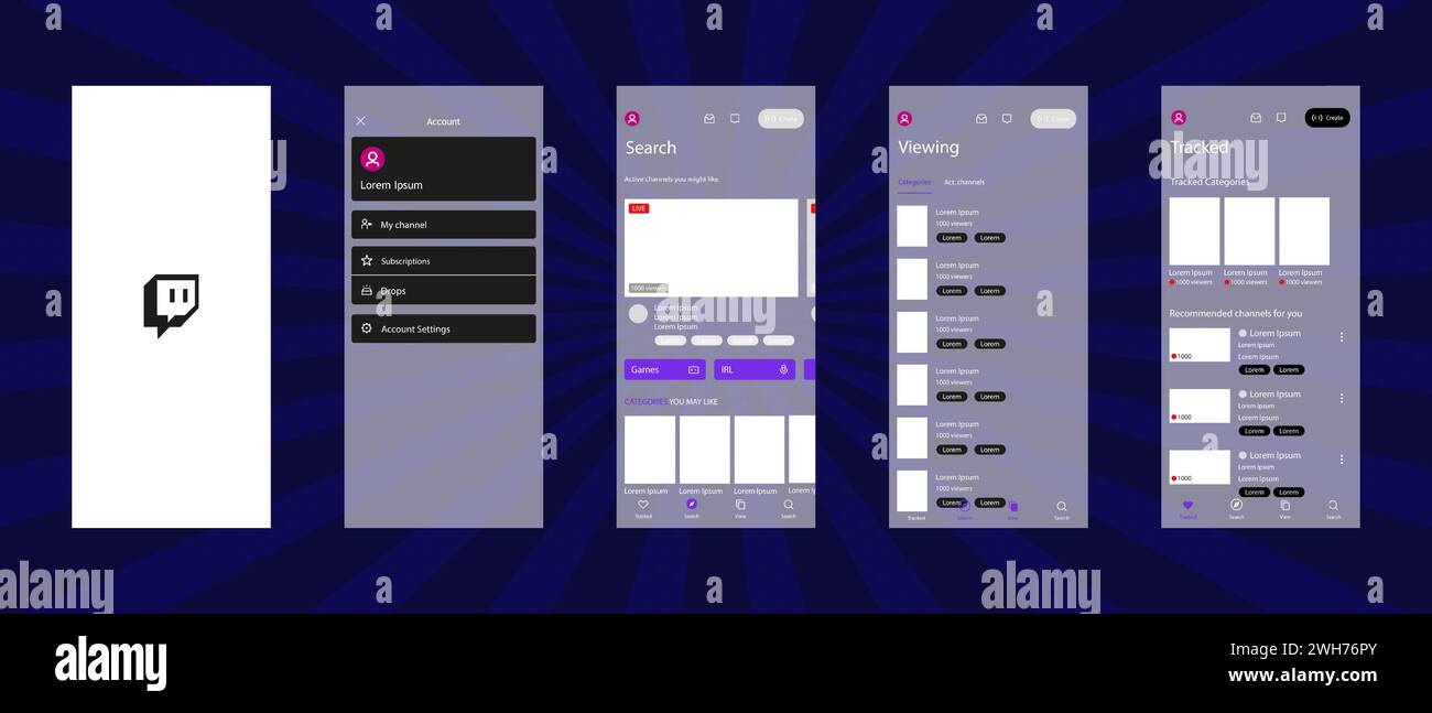 Twitch mobile interface. Twitch screen social media, streaming platform ...