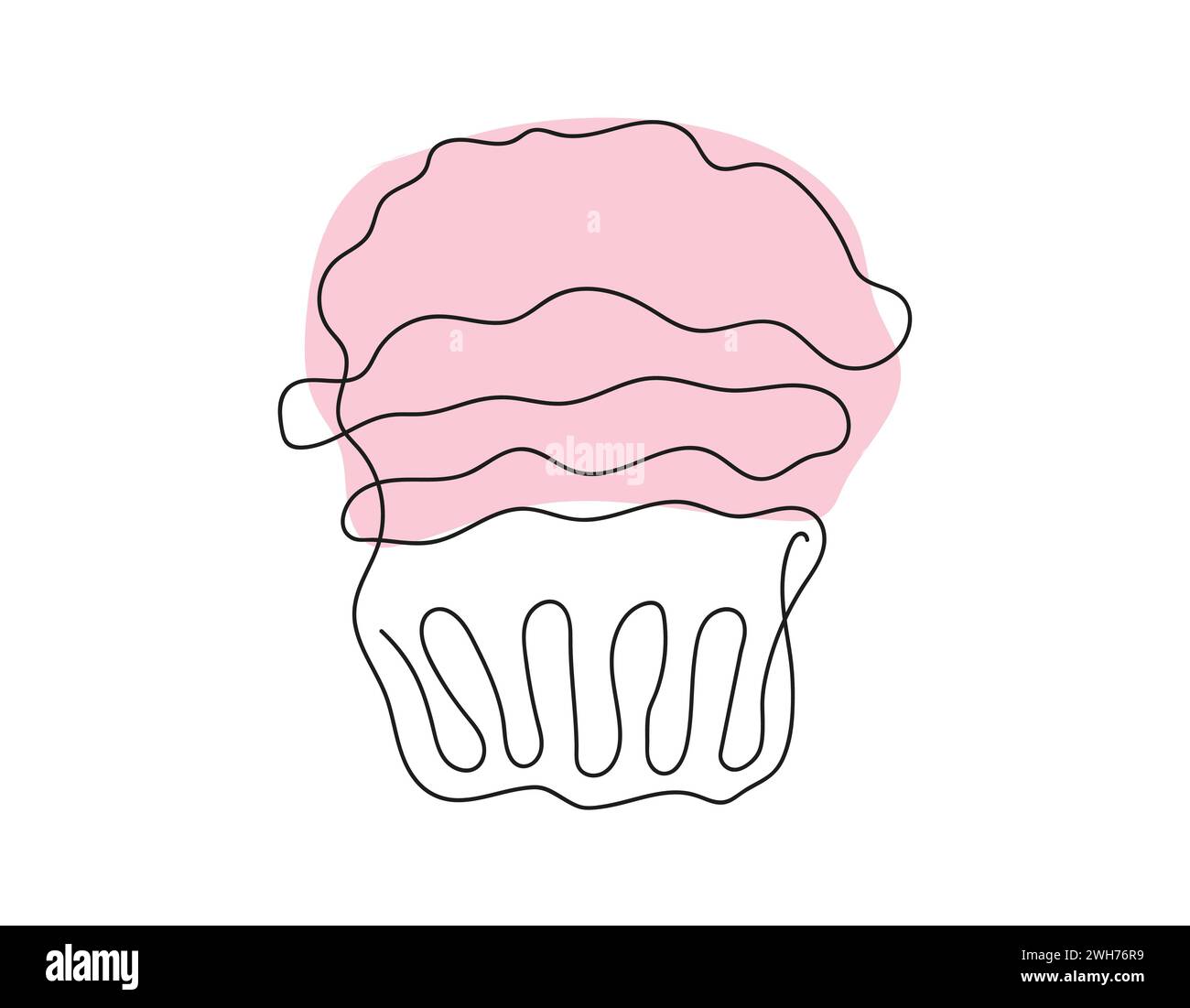 Continuous one line drawing of cupcake. Simple line art of muffin with wavy frosting. Colored ...