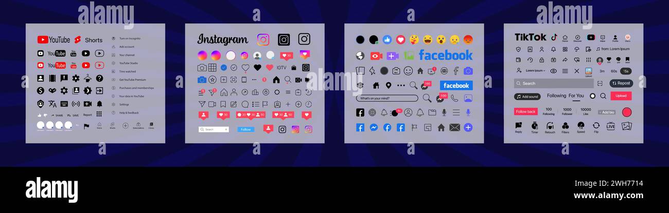 Instagram, Tik Tok, Facebook, YouTube button icon. Set screen social media and social network ...