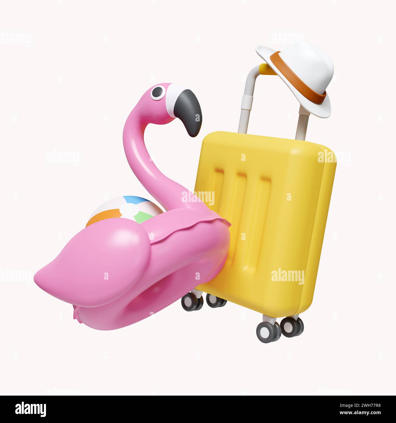 3d Pink Flamingo float with luggage and hat. summer vacation and ...