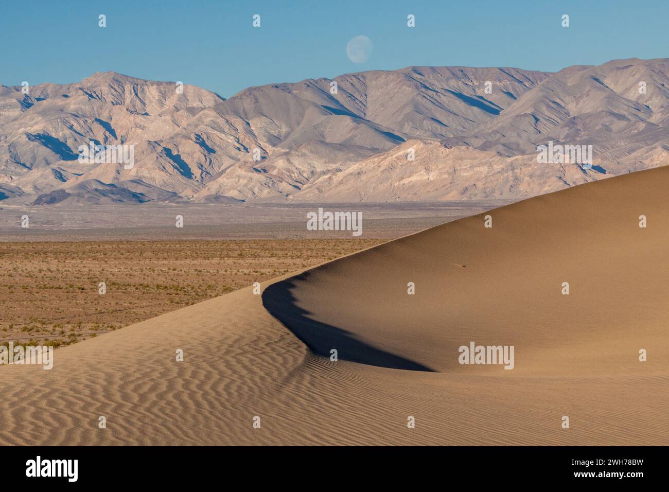 Setting moon over the Mesquite Flat sand dunes & Panamint Mountains in ...