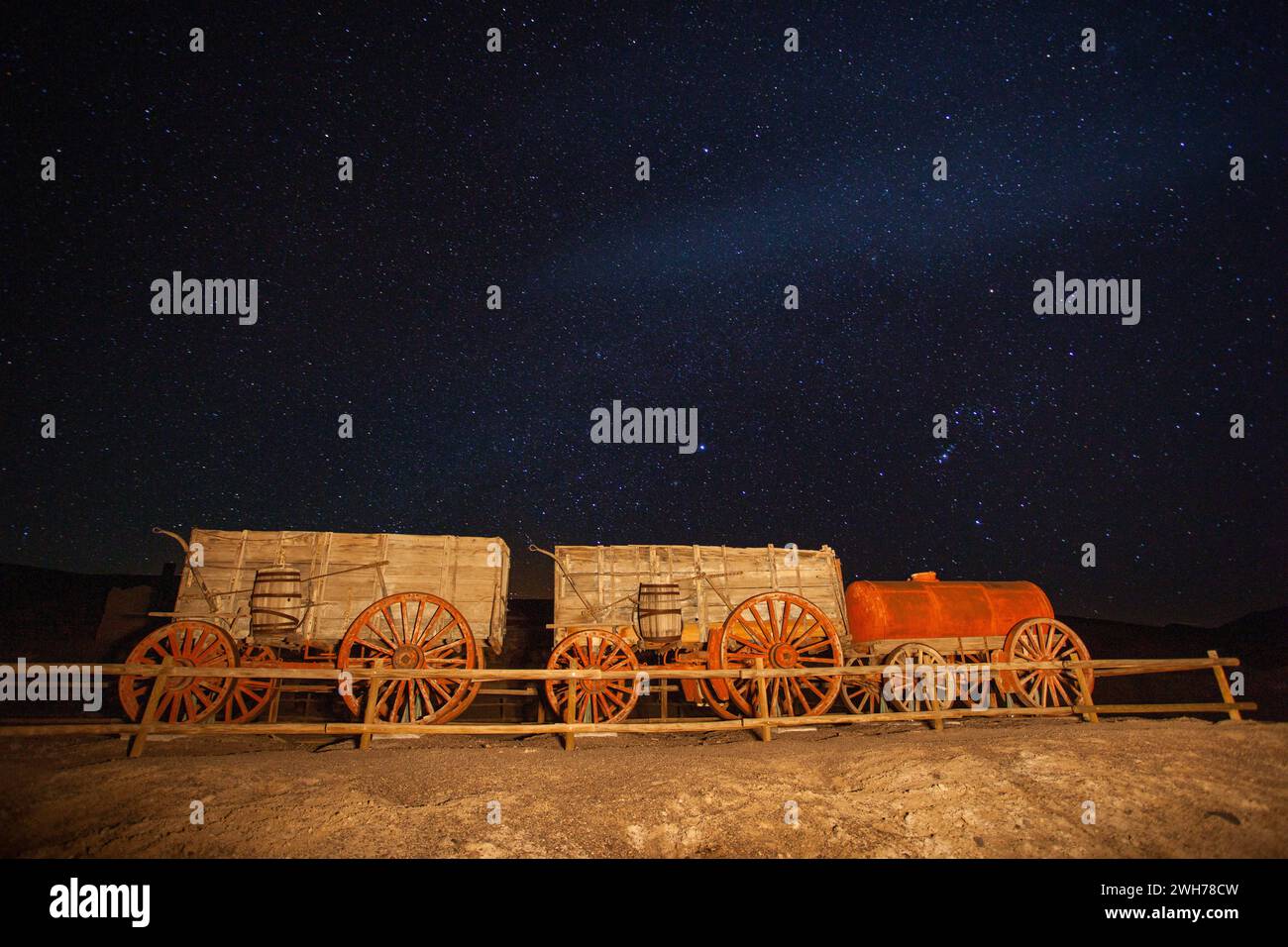 Historic 20-mule team borax ore hauling wagon on display at night at ...