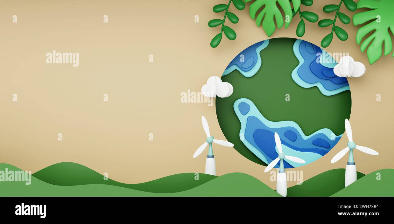 3d Green leaf with windmills and planet. ecology is an energy saving ...
