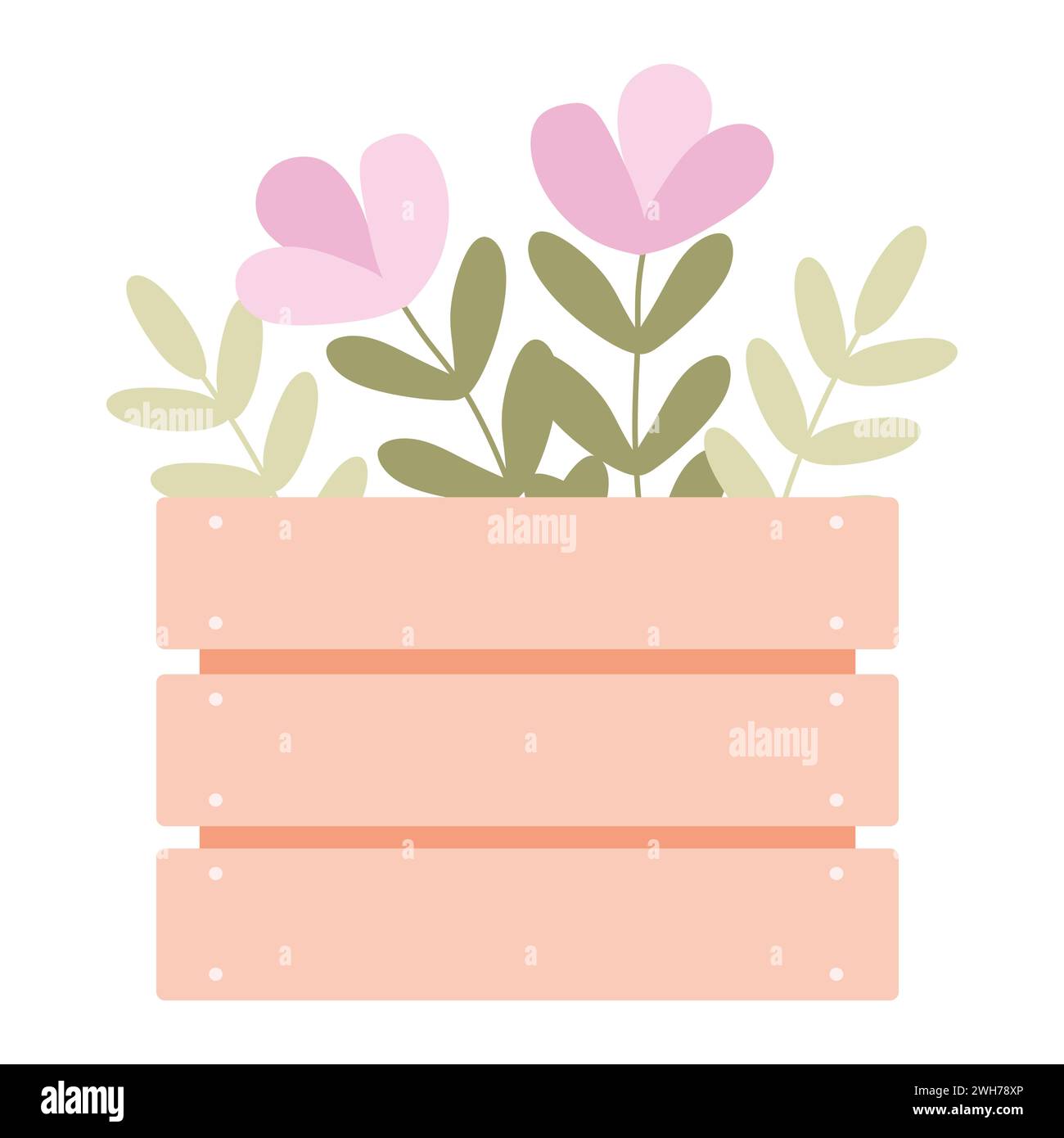 Wooden box with Spring Flowers Bouquet Illustration. Flat style Vector ...