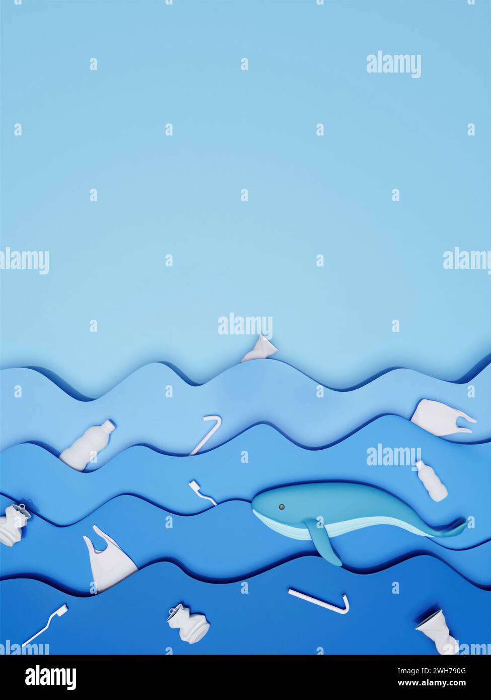 3d ocean with whale and garbage. The problem of plastic waste in the ...