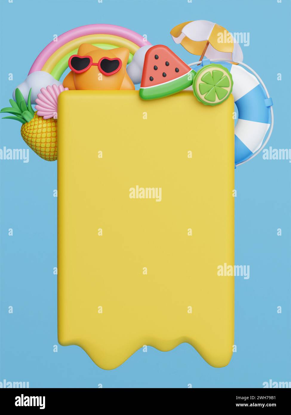 3d yellow signboard for text and colorful beach elements. Creative ...