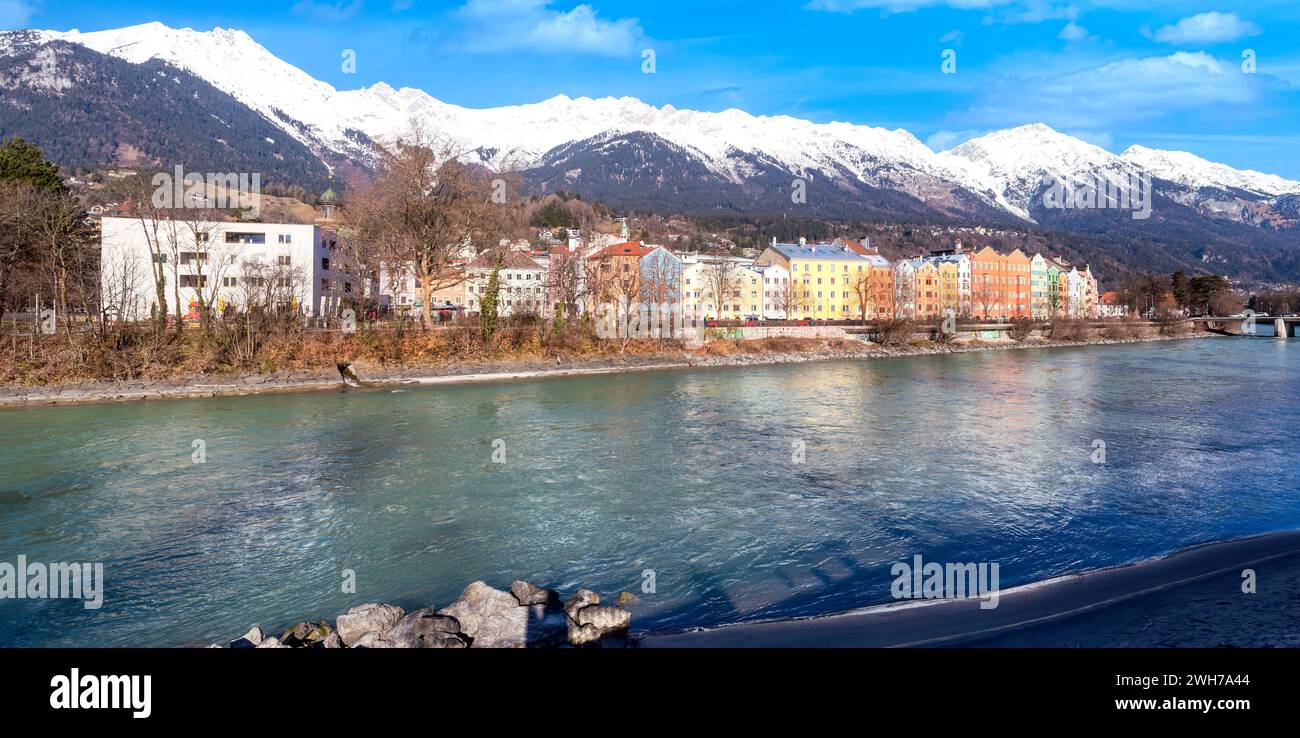 Cityscape of Innsbruck city center with beautiful houses, river Inn and ...