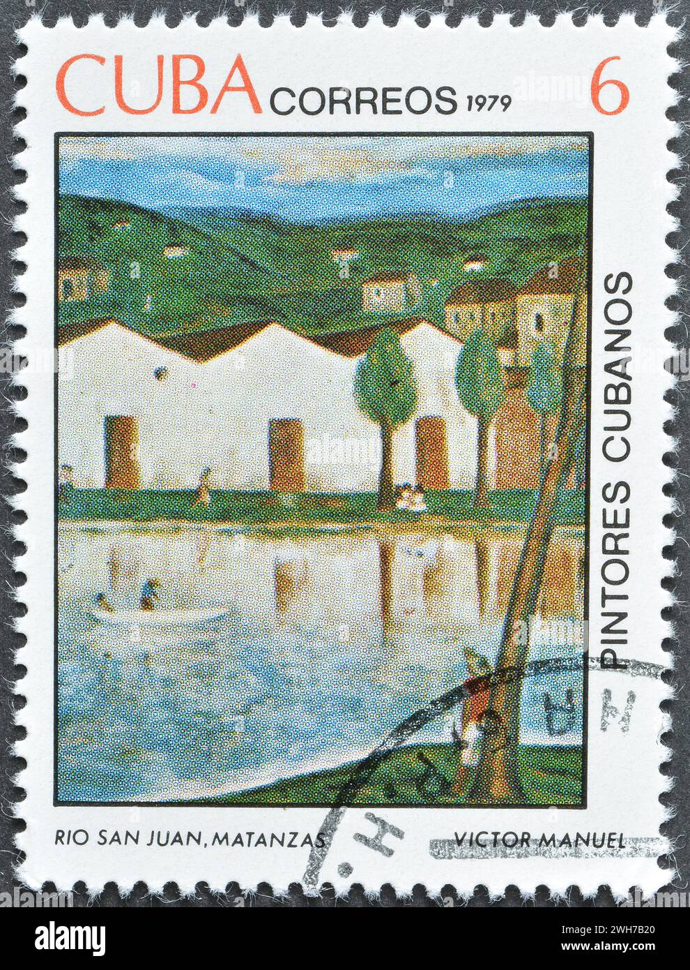 Cancelled postage stamp printed by Cuba, that shows painting San Juan ...