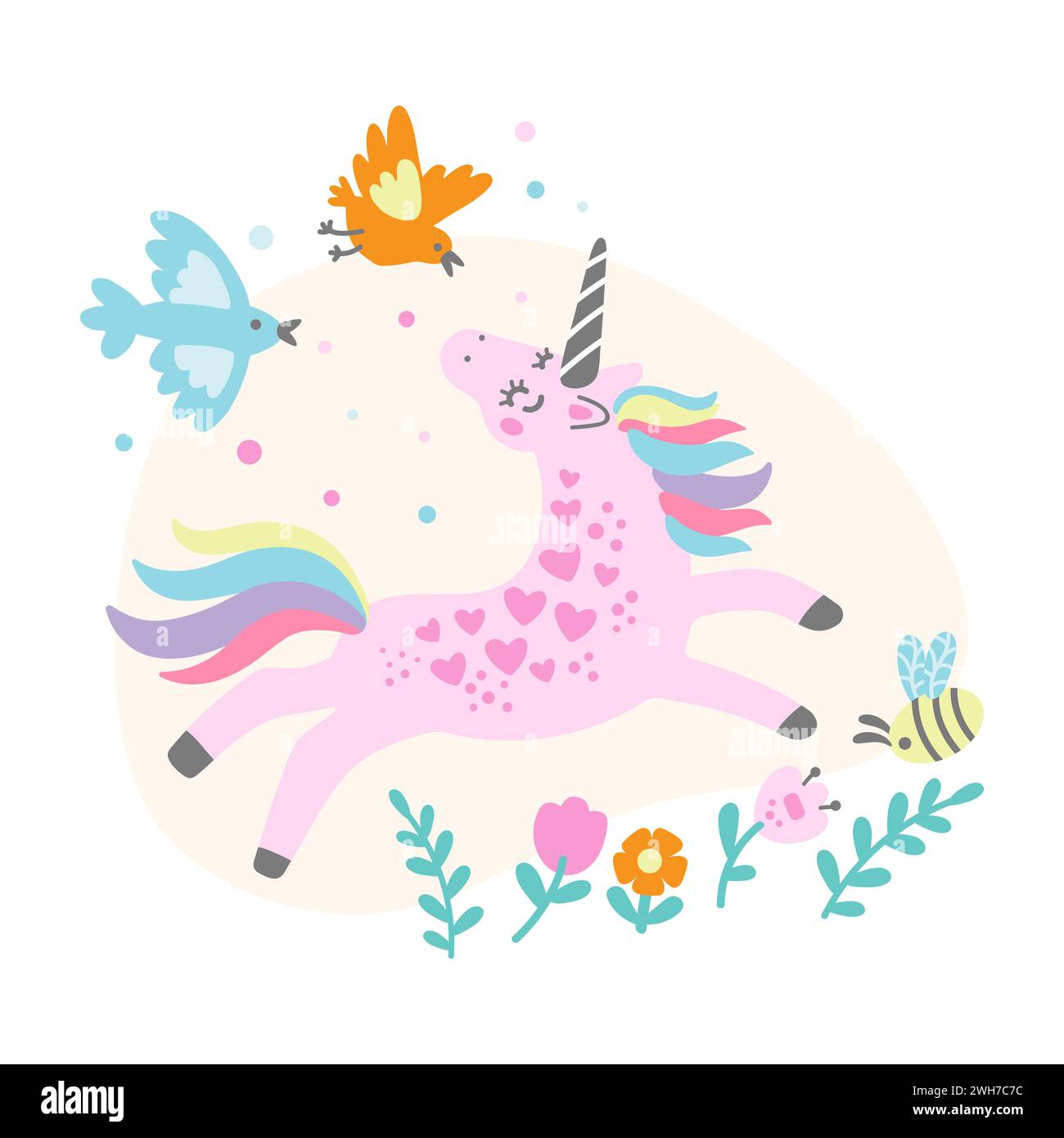 Cute cartoon doodle unicorn with birds and flowers isolated on a white ...