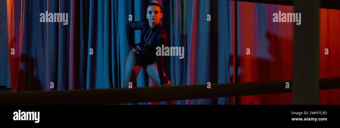 dancer strikes a graceful pose in her black leotard and fishnet tights ...