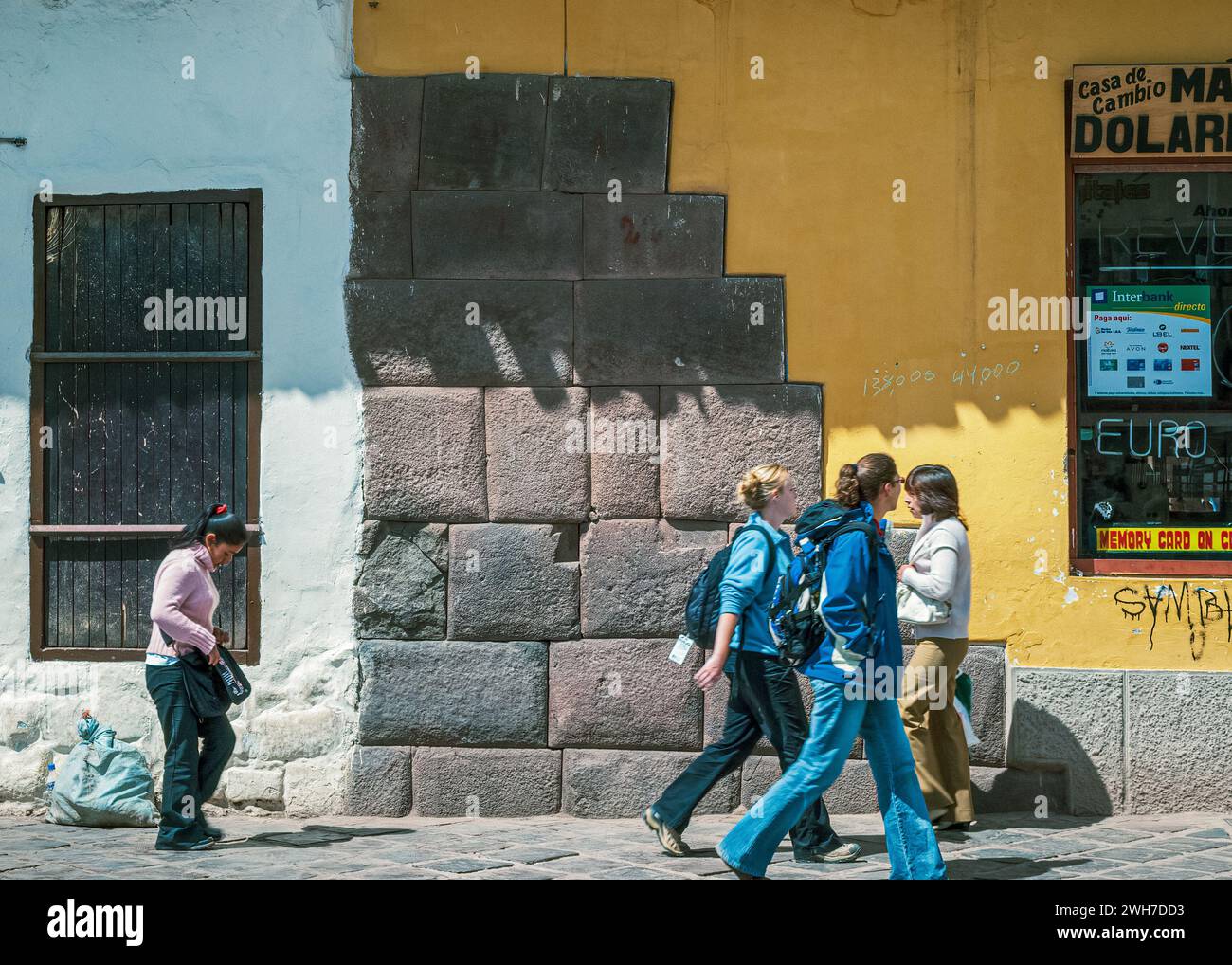 Cusco, Peru, May 6th 2009: People walking ahead of a colonial house ...