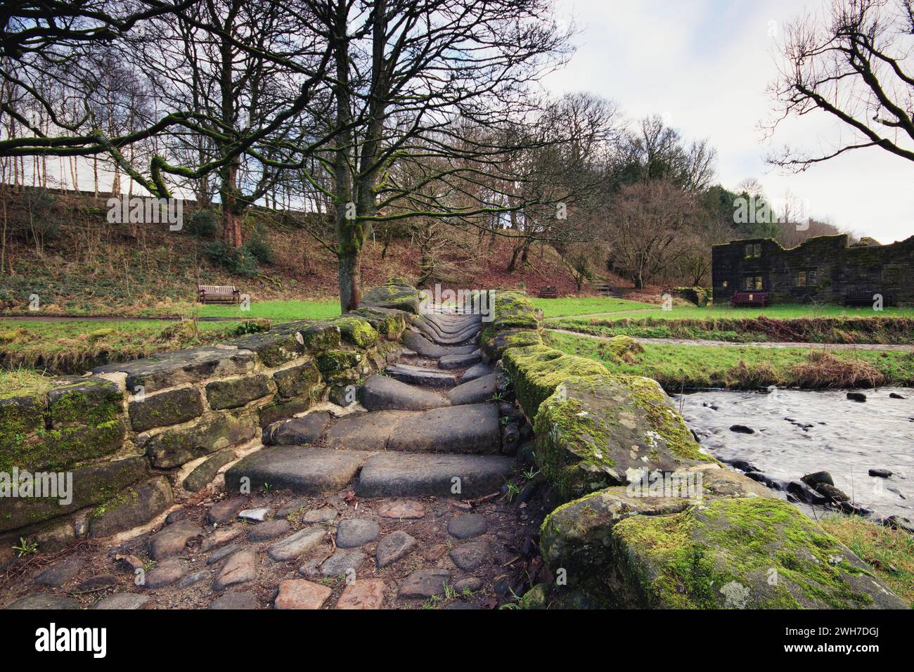 Looking across the Pack Horse Bridge at Wycoller, with a section of ...