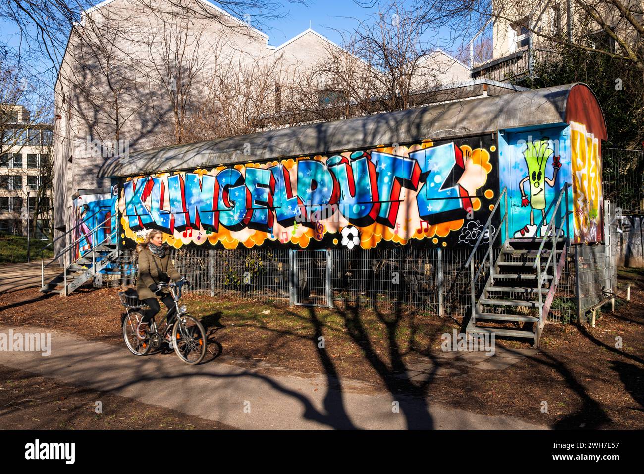 graffiti on an old railway carriage at Klingelpuetz park, Cologne ...