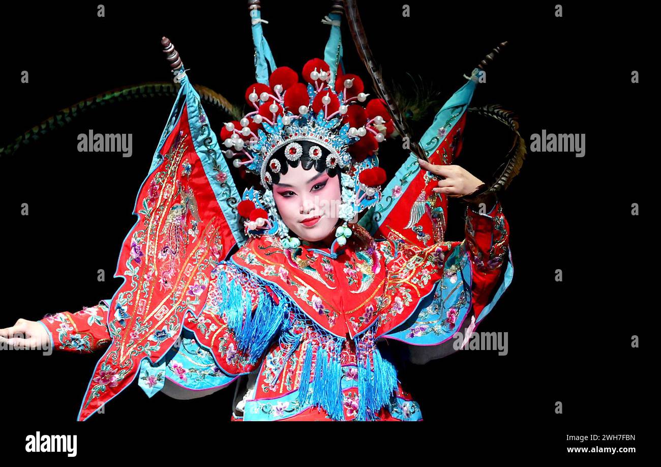 London, Britain. 7th Feb, 2024. An actor performs Peking Opera during ...