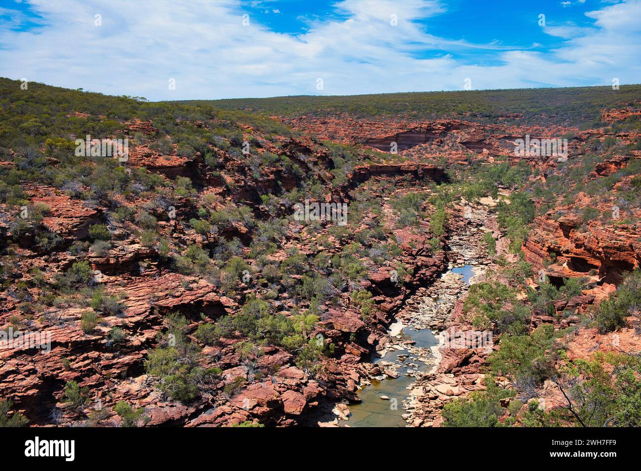 View of the red sandstone canyon of the Murchison River from the Z Bend ...