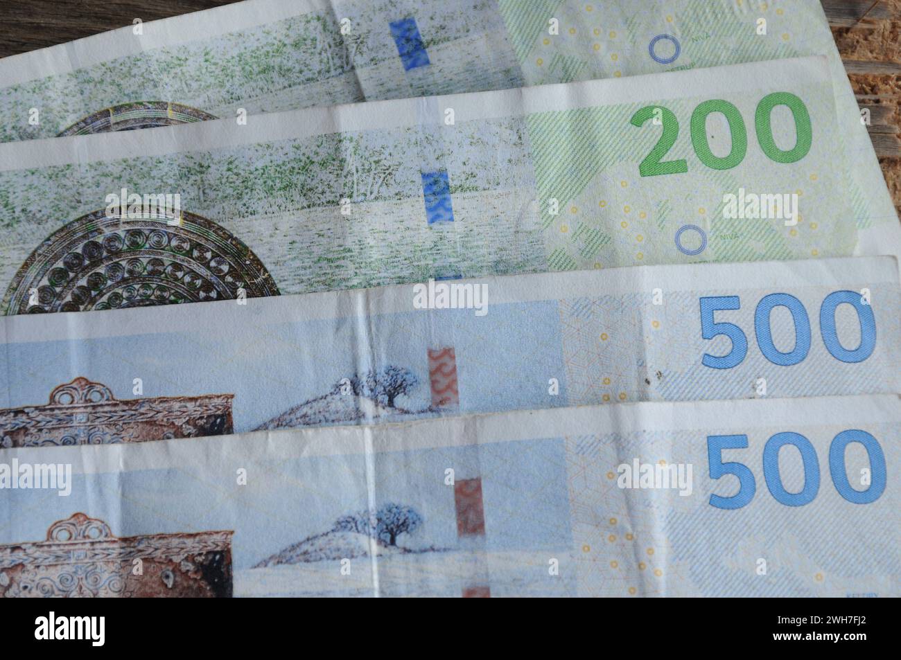 Copenhagen, Denmark /08 February 2024/. Danish kroner currency notes in ...