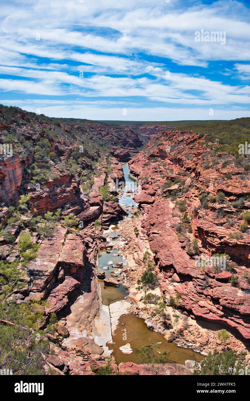 View of the red sandstone canyon of the Murchison River from the Z Bend ...