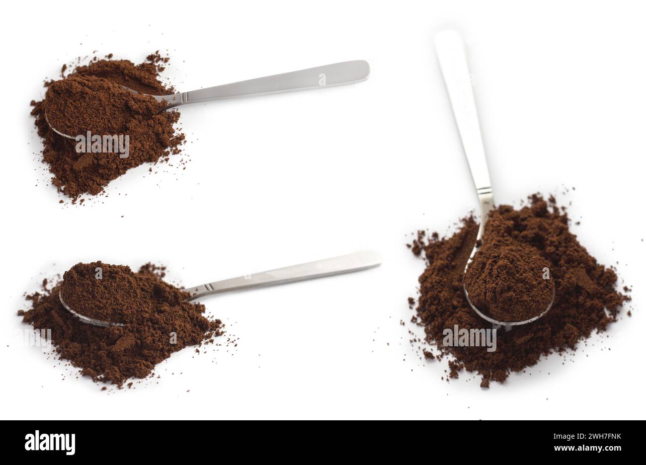 Spoon with ground coffee over white background collage Stock Photo - Alamy