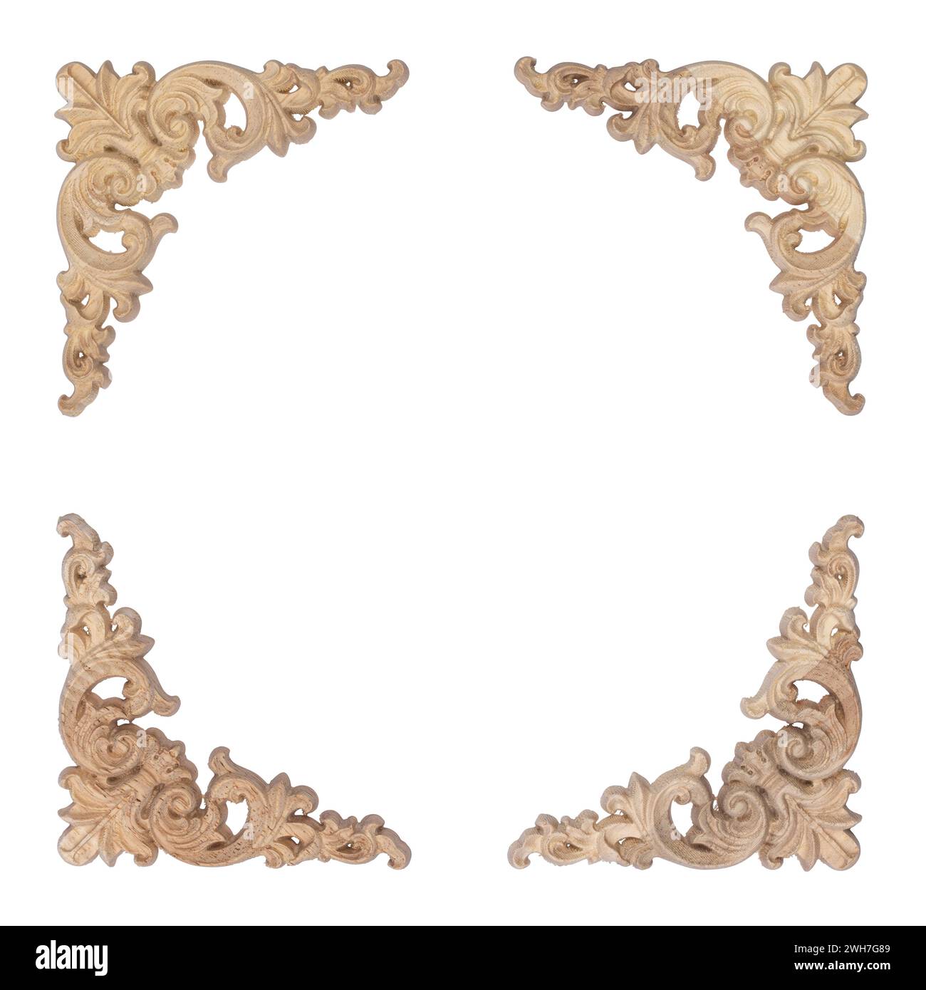 Wooden curly cut corner frame parts. Top view. Isolated on a white ...