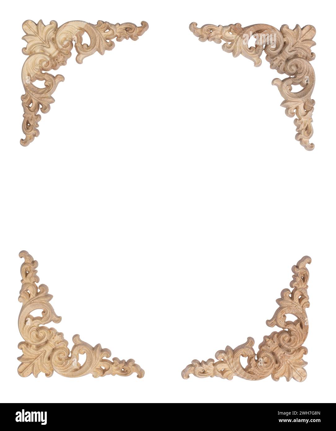 Wooden curly cut corner frame parts. Top view. Isolated on a white ...