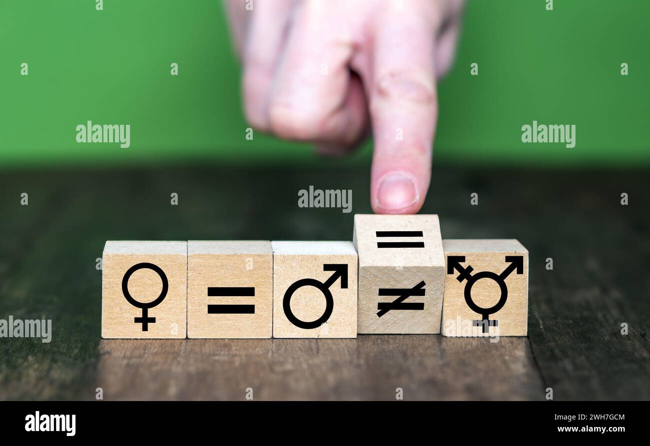 Symbol for gender equality. Hand turns a wooden cube and changes a ...