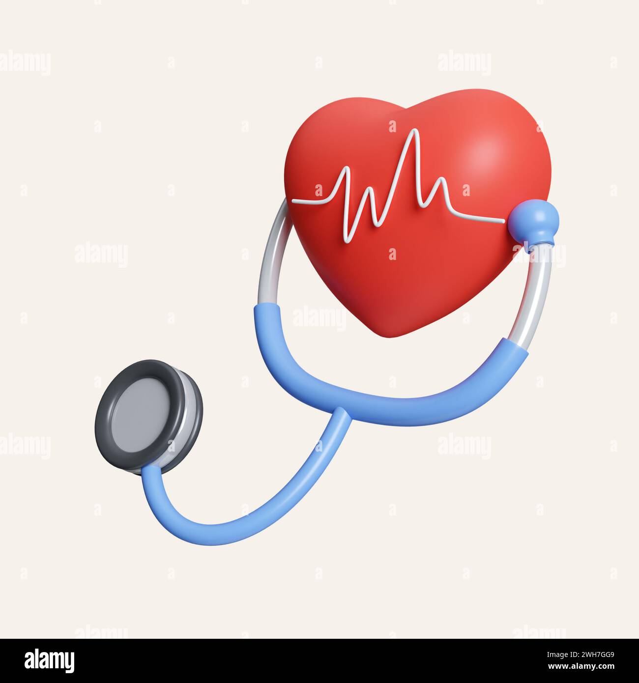 3d red heart with pulse line and stethoscope. heartbeat or cardiogram ...