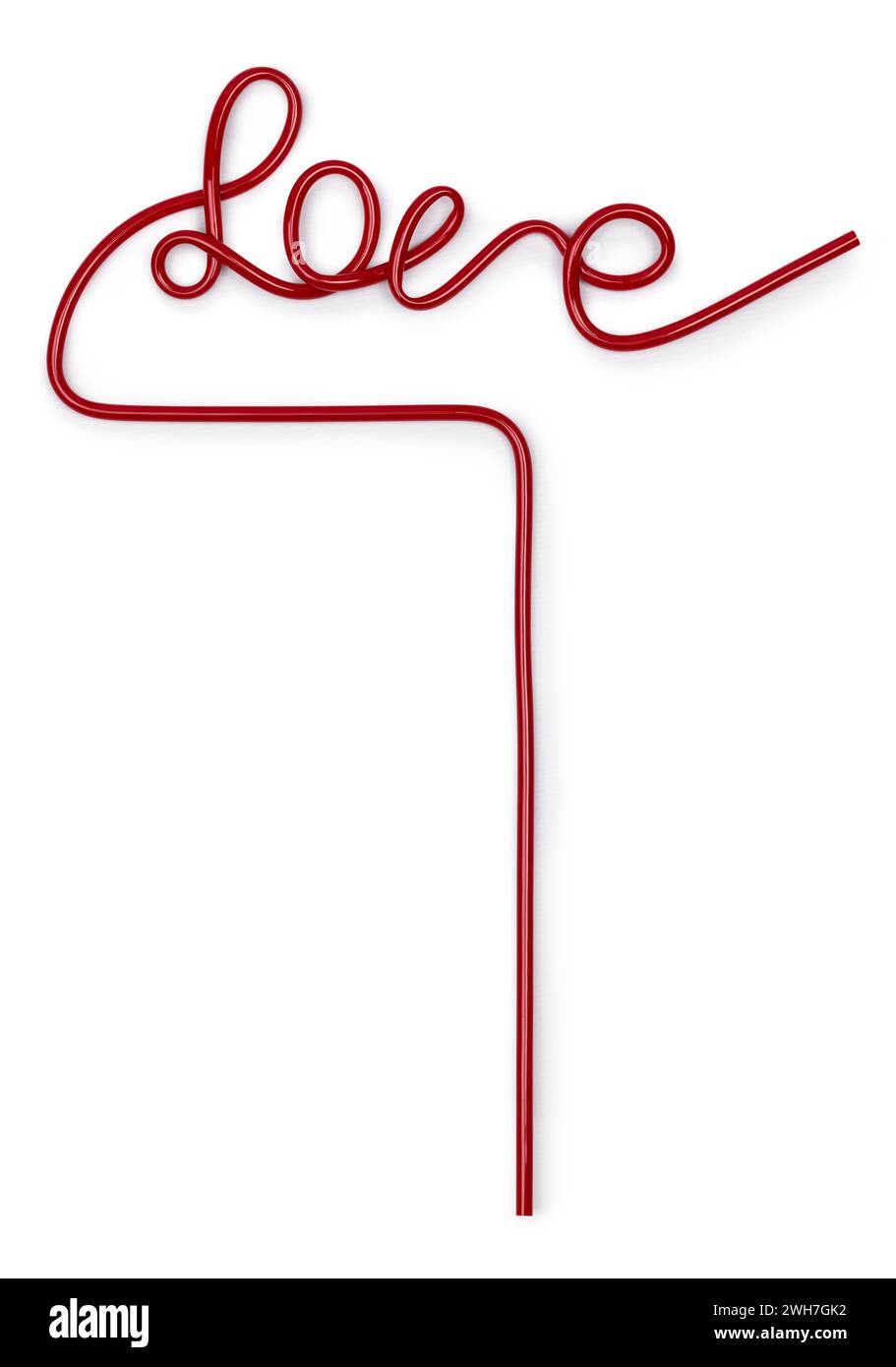 Red unused curly straw in text LOVE, top view. Isolated on a white ...
