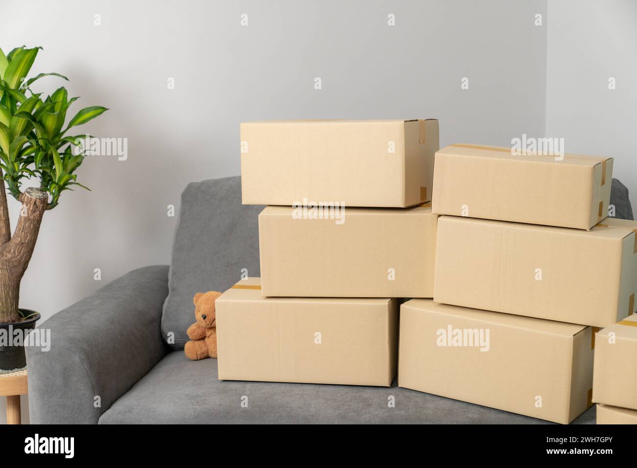 A lot of stack of cardboard boxes prepared for moving into a new home ...