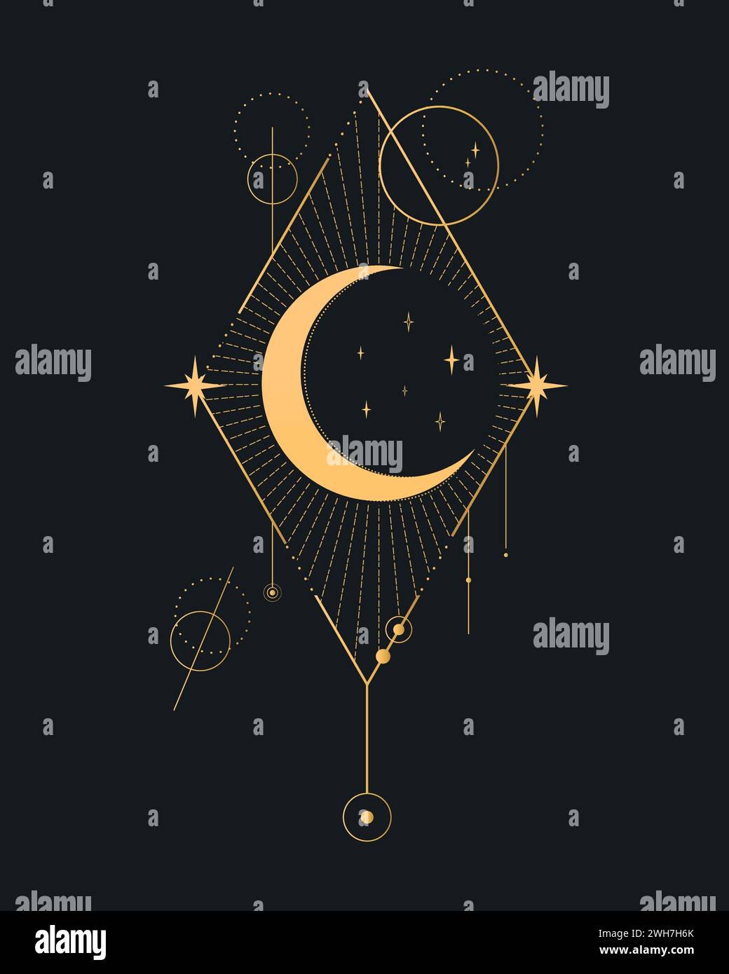 Abstract celestial emblem with a crescent, stars and geometric shapes ...