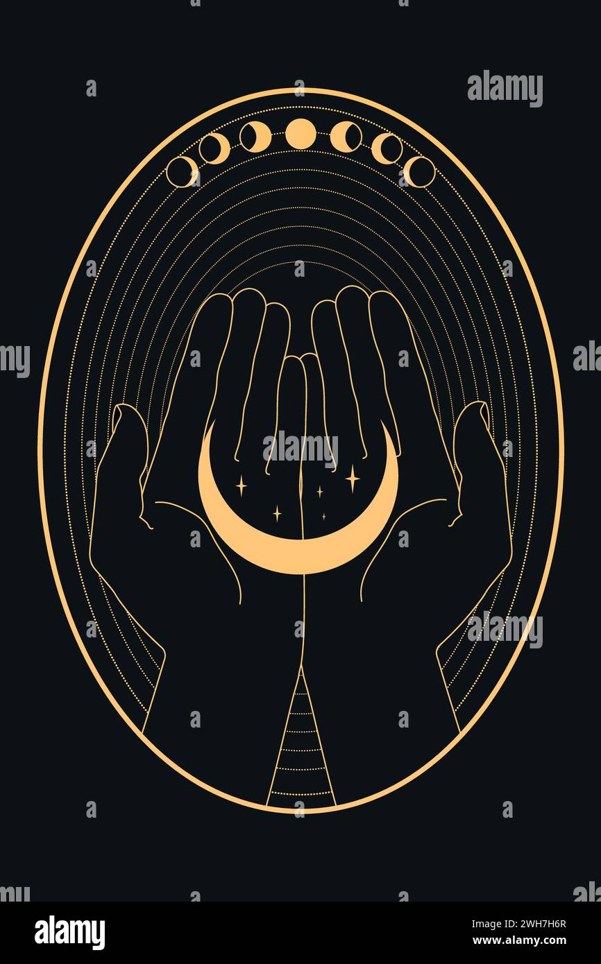 Abstract celestial emblem with human hands holding crescent and stars ...