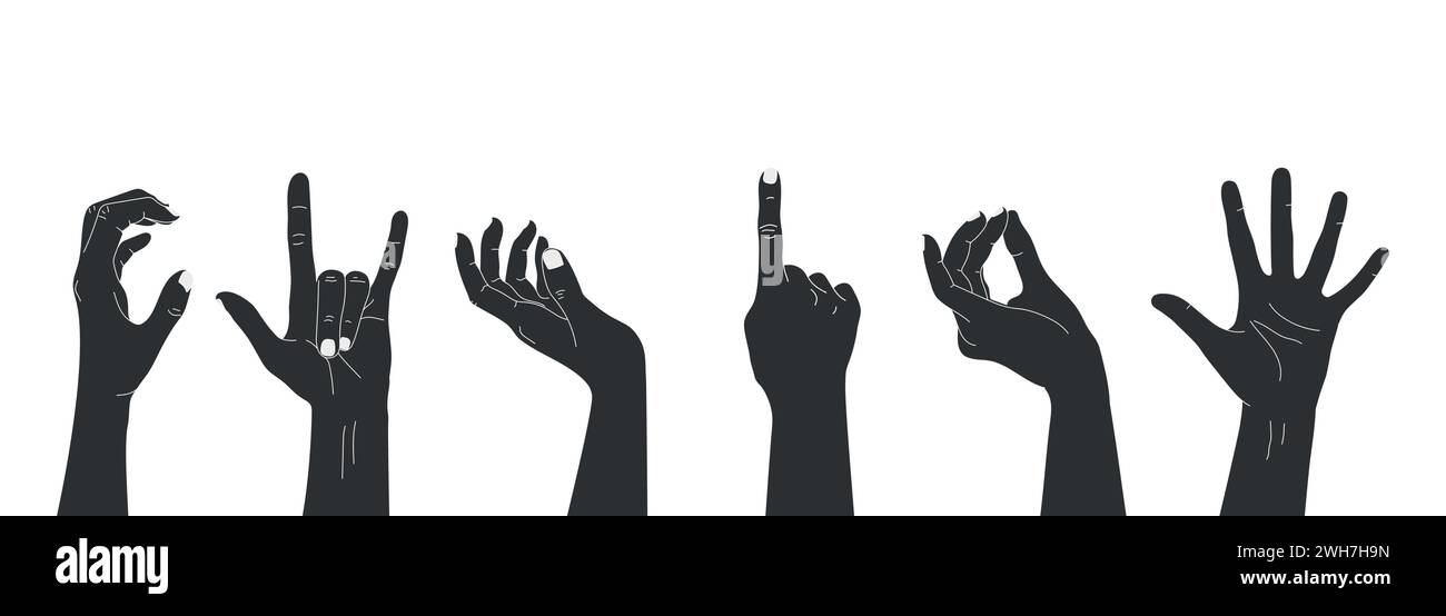 Set of raised human hands silhouettes showing different gestures ...