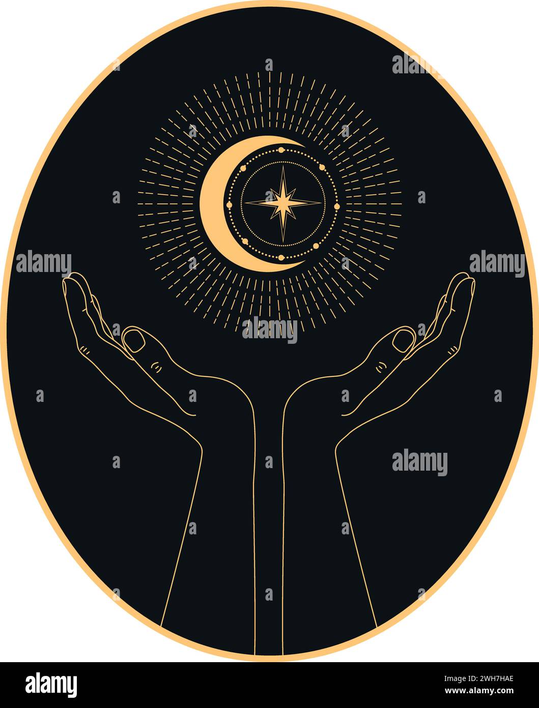 Abstract celestial emblem with human hands holding shining crescent and ...