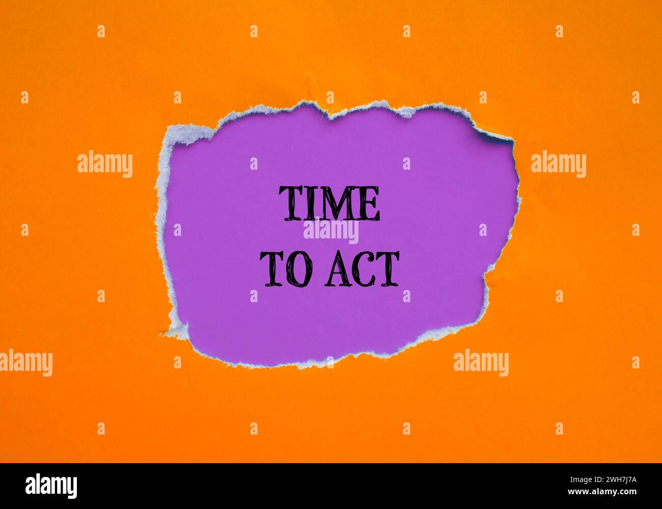 Time to act lettering on orange torn paper with purple background ...
