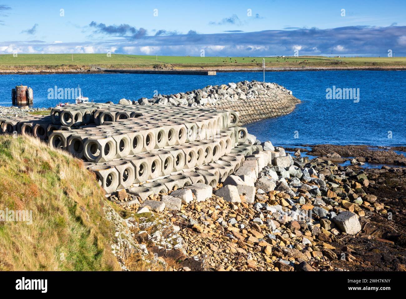 Coastal and harbour defences, Burwick ferry landing, Orkney, UK Stock ...