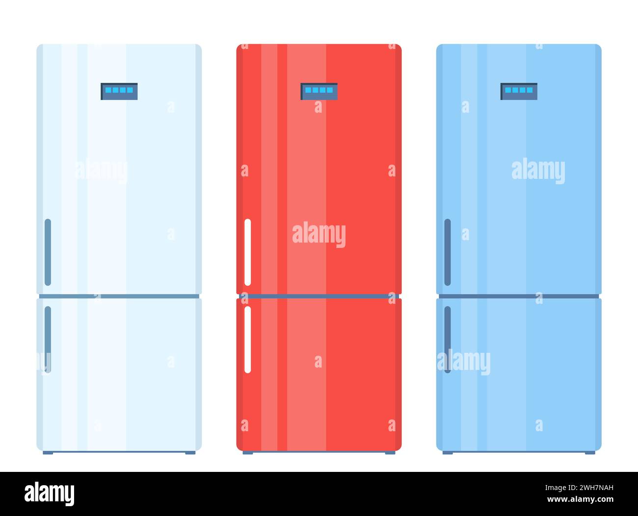Fridge. Set of closed empty refrigerator. Blue, red, white fridge for ...