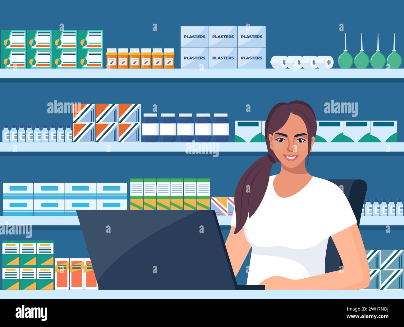 Pharmacist at counter in pharmacy. Druggist opposite shelves with ...