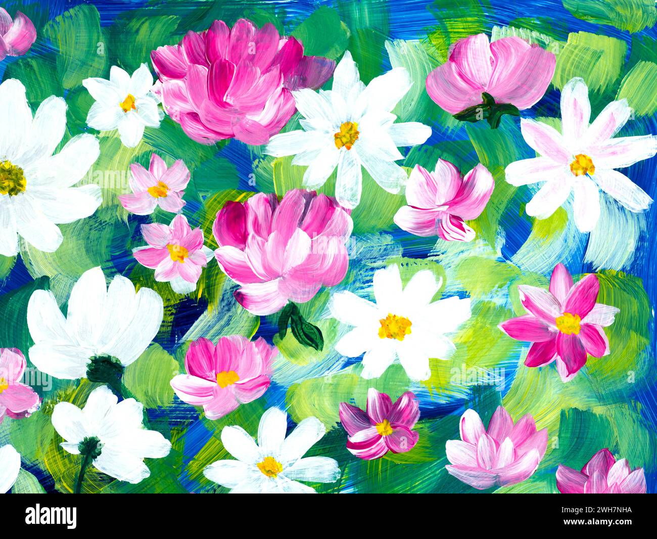 Abstract daisy flowers, original hand drawn, impressionism style, color ...