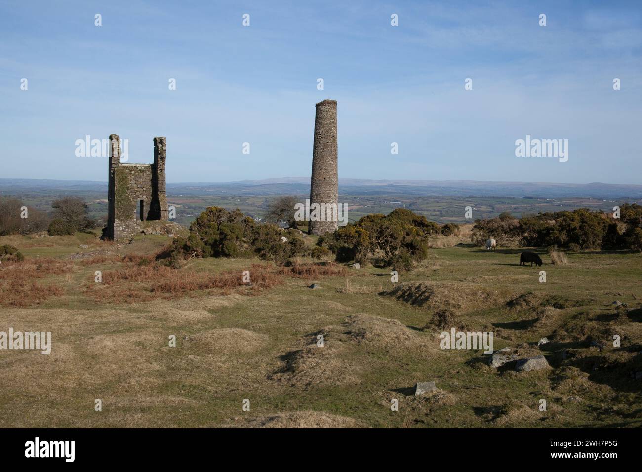 The ruins of copper mine buildings on Caradon Hill on Bodmin Moor in ...