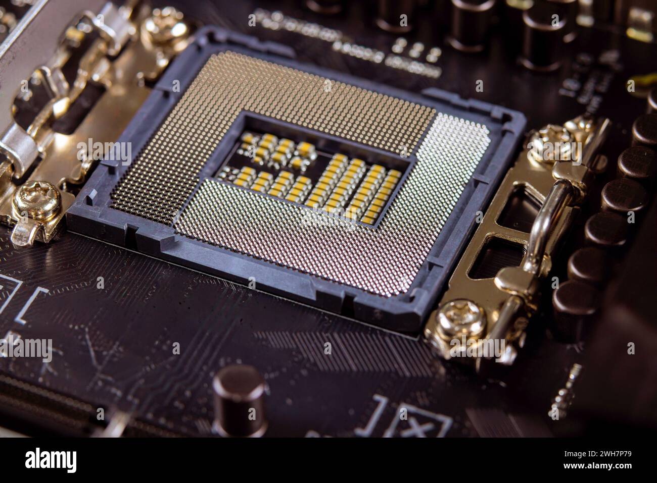 PC repair at CPU mounting motherboard of processor connector socket ...