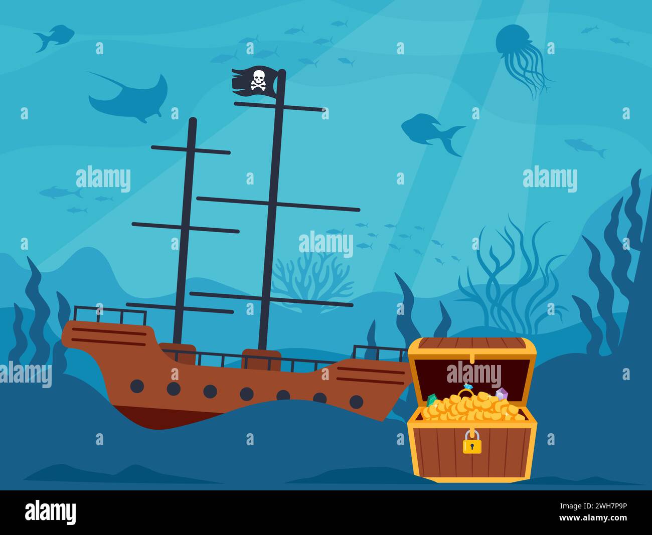 Underwater scenery with open pirate treasure chest and pirate ship on ...