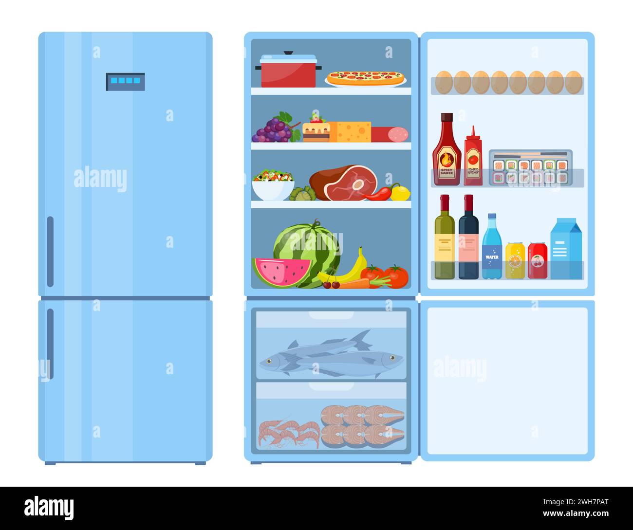 Fridge. Closed and open refrigerator. Blue fridge with healthy food ...